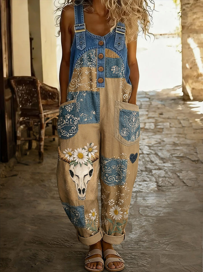 Women's Western Art Print Washed Cotton Denim Patchwork Jumpsuit ...